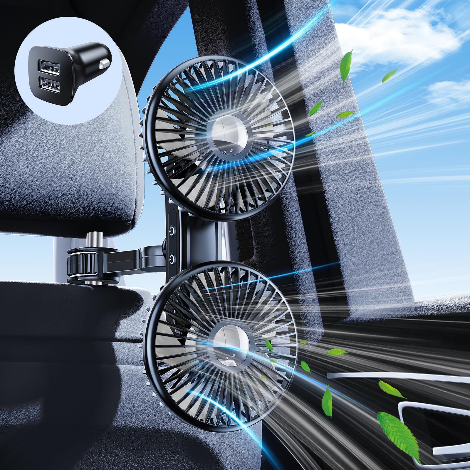 【楽天市場】車 扇風機 後部座席 風量3段階調節 360°回転可能 ツーインファン 低騒音 車用扇風機 5v/2A 180CM USB延長配線 ...