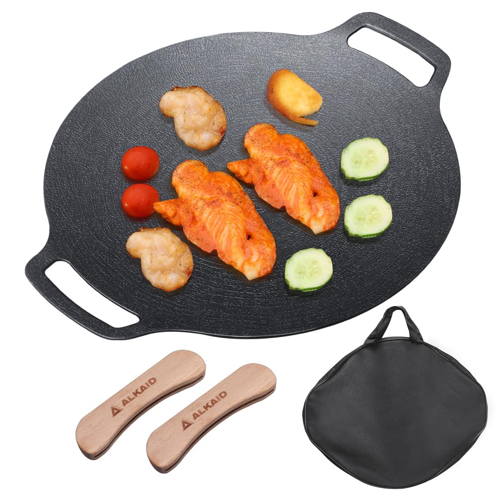 【楽天市場】マルチグリドル 鉄板 IH 直火 29cm/33cm 軽量 厚さ4mm グリドルパン 焼肉 BBQ シーズニング不要 木製取っ手カバー 収納袋付き (33cm)：カシキド楽天市場店