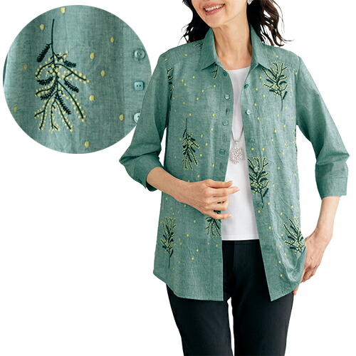 楽天市場】五分袖 ブラウス 紫 レディース 綿混 刺しゅうブラウス