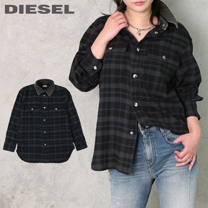 【楽天市場】★diesel ディーゼル レディース★チェック柄 襟デニム切替 長袖フランネルシャツ【c Cross Fl A】【サイズxxs