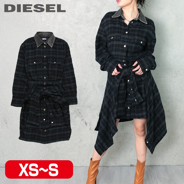 【楽天市場】★diesel ディーゼル レディース★チェック柄 襟デニム切替 膝上丈 長袖フランネルシャツワンピース【d Janice A