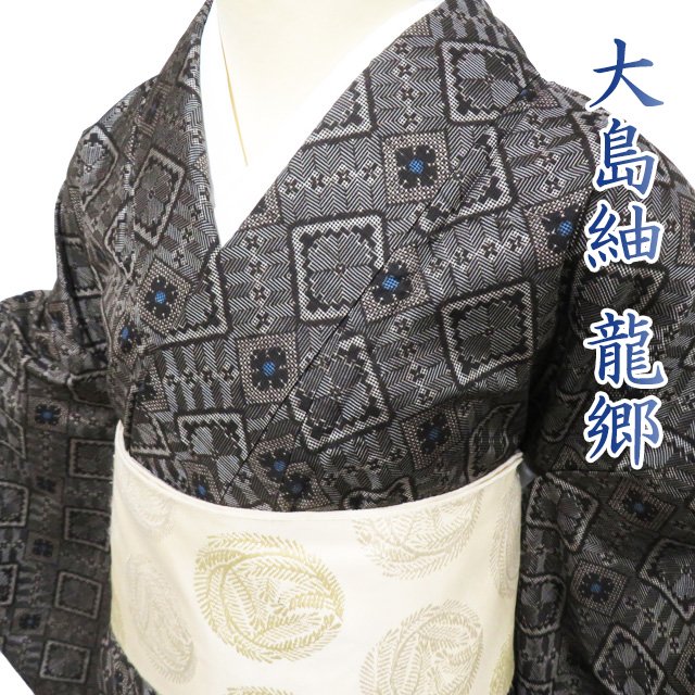 【楽天市場】【 中古 】 大島紬 リサイクル着物 正絹 袷 カジュアル 龍郷柄 焦茶色 青色 身丈162cm 裄66cm M A1077-8 ...