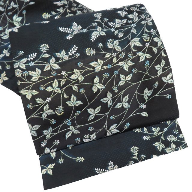 【楽天市場】【 中古 】 袋帯 リサイクル 正絹 フォーマル 仕立て上がり 六通 植物模様 箔糸 黒色 緑系色 青系色 金 A1023-12 ...
