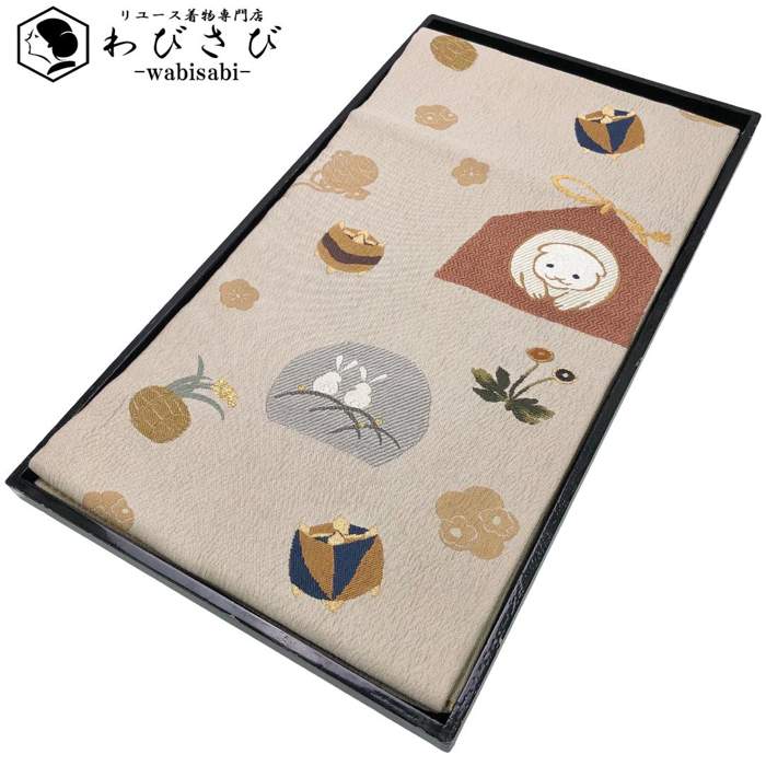 【楽天市場】【お得なクーポン配布中】 袋帯 絵馬に犬 兎 花模様 古晒色 O-5912 着物 きもの kimono 和服 和装 中古 ...
