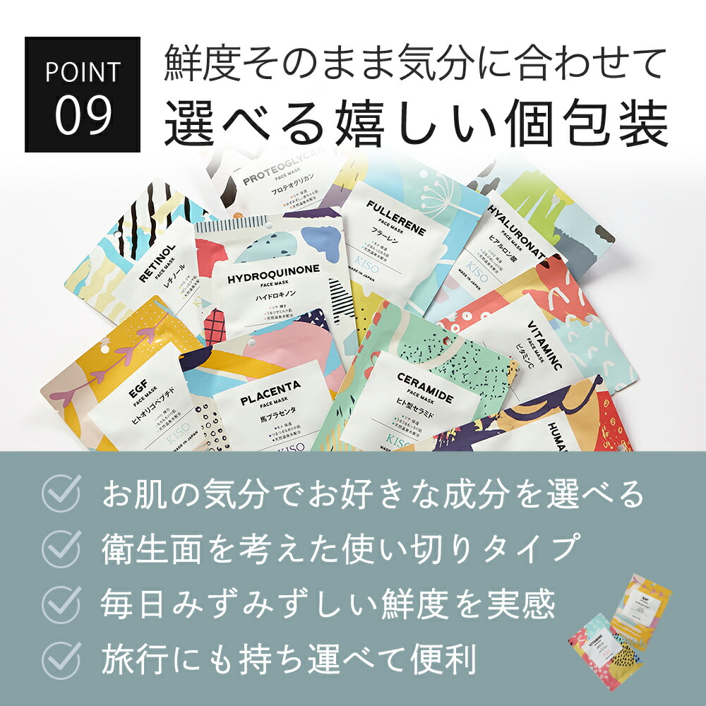 KISO CARE 高濃度美容原液配合フェイスマスク 個包装 シートマスク フェイスパック ハイドロキノン ヒト幹細胞 ビタミンC レチノール ガラクトミセス アゼライン酸 ナイアシンアミド ...