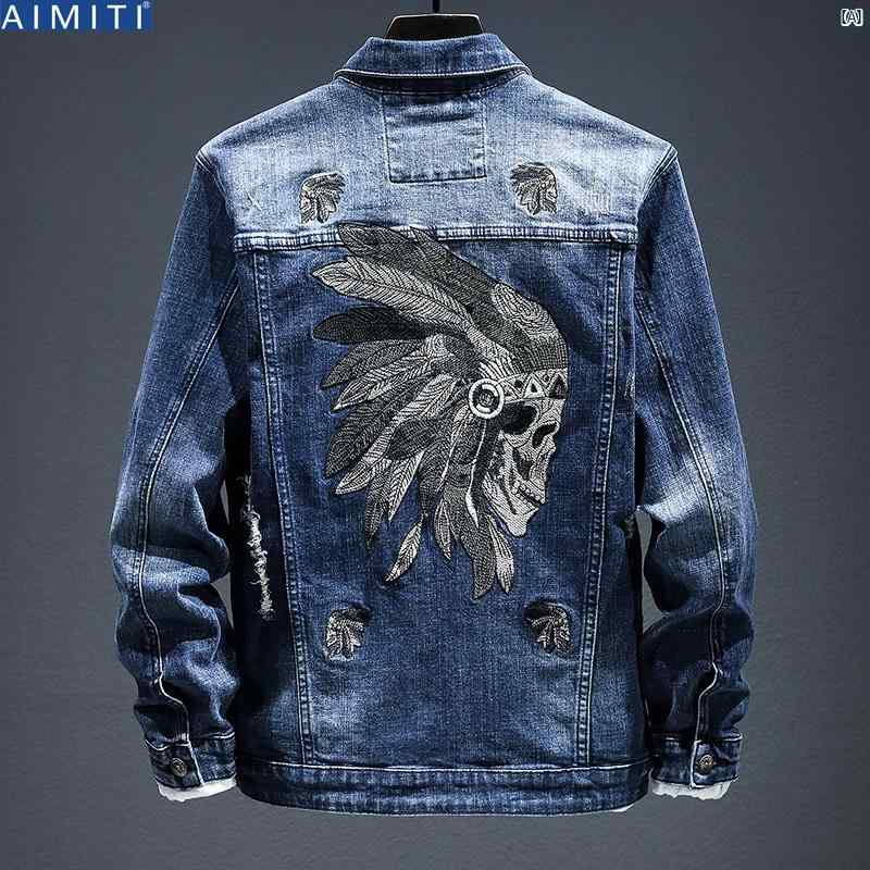 【楽天市場】メンズ ヘビー 刺繍 デニムジャケット メンズ レトロ 破れた ジャケット 春秋 ストレッチ トップ：kn.ow department