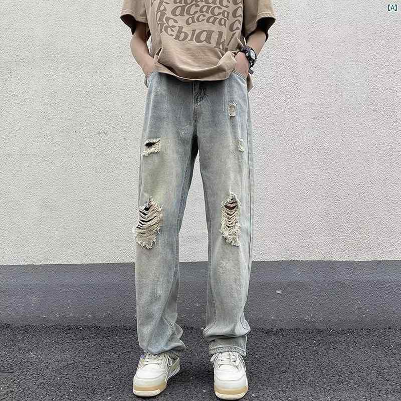 【楽天市場】リップド ジーンズ メンズ 夏 薄手 ファッション アメリカ ストリート レトロ ウォッシュド ストレート カジュアル パンツ ...