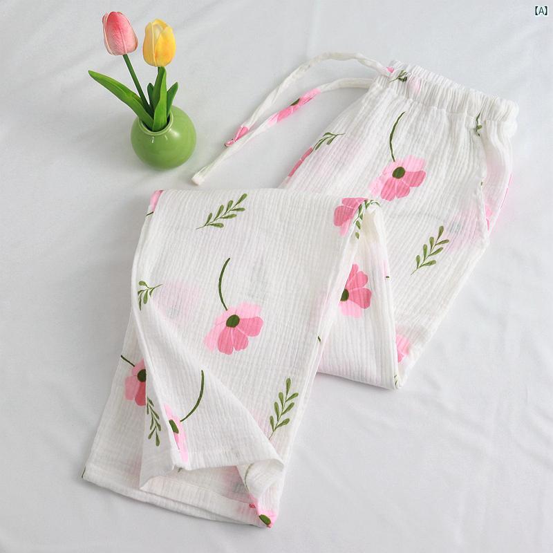 【楽天市場】レディース 春夏 薄手 コットン パジャマ クレープ 二層 ガーゼ ホーム パンツ かわいい 植物 花柄 ペンシル ストレート ...