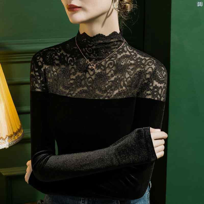 【楽天市場】レディース ファッション おしゃれ 海外 上品 レディース レース ステッチ タートルネックシャツ ベルベット 春秋 魅惑的 長袖 ...