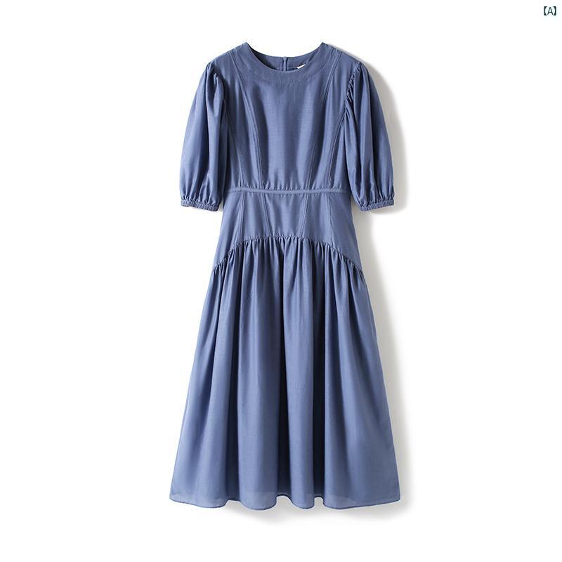 【楽天市場】Xiaohange フレンチ モダン コットン パフスリーブ ラウンドネック ドレス SQB 682592 MG：kn.ow ...