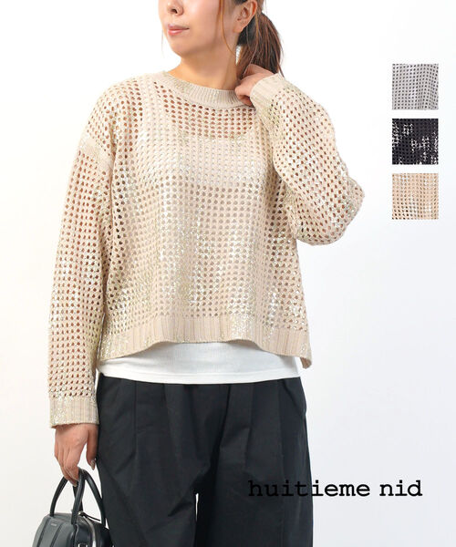 【楽天市場】ユイティーム huitieme nid ニット プルオーバー メッシュニット トップス 箔プリント クルーネック メッシュ 透け感 ...
