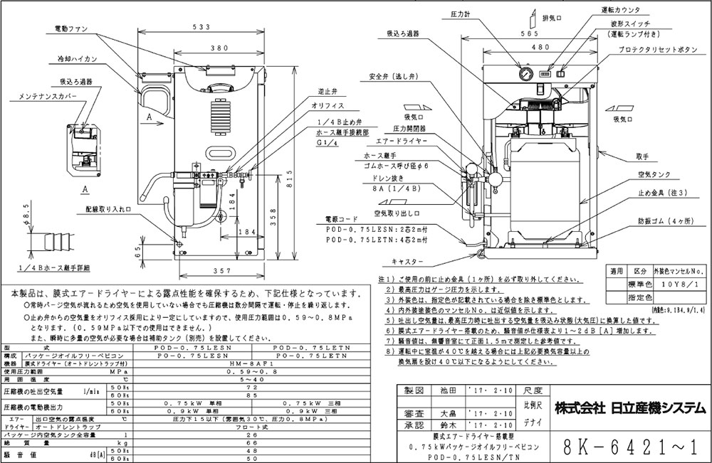【楽天市場】【代引き不可】【法人向け送料無料】☆日立産機 POD-0.75LESN パッケージオイルフリーベビコン 圧力開閉器式 エアードライヤー内蔵型 単相100V 50/60Hz共用 ...