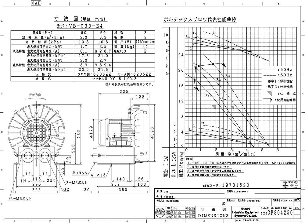 【楽天市場】【代引き不可】【法人向け送料無料】☆日立産機 VB-030-E4 ボルテックスブロワ Eシリーズ 三相200V 50Hz/60Hz 屋内全閉外扇形 (1973-1520) 【車上 ...
