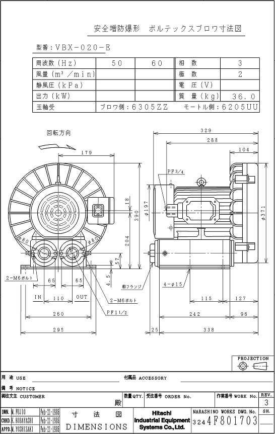 【楽天市場】【代引き不可】【法人向け】☆日立産機 VBX-020-E ボルテックスブロワ 安全増防爆形 風量タイプEシリーズ 三相200V 50Hz/60Hz 屋内全閉外扇形 (1973 ...