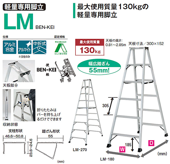 【楽天市場】【法人向け】【代引き不可】☆ピカ/PiCa LM-240 軽量専用脚立 BEN-KEI 便軽 天板の高さ：2.27m 【時間指定不可】：工具ショップ