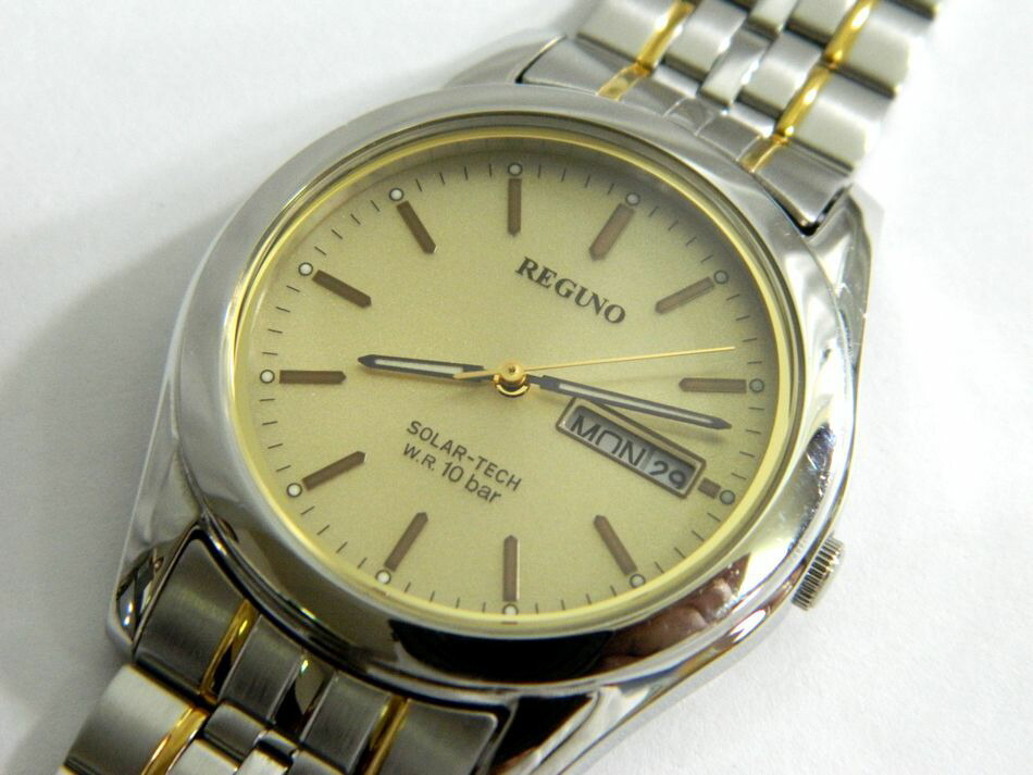 【楽天市場】[中古] 送料無料 動作品 REGUNO ソーラーテック メンズ 腕時計 E101-K005299 3針 デイデイト ゴールド シルバー SS 男性用時計 レグノ USED品 ...