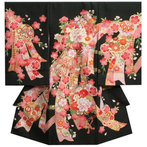 【楽天市場】お宮参り 着物 女の子 正絹初着 黒色 流れ熨斗 桜 牡丹 刺繍使い 華地紋生地：お宮参りと七五三の京美（KYOUBI）