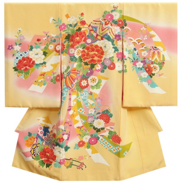 【楽天市場】お宮参り 着物 女の子 正絹 女児初着 黄色ピンク染め分け 金彩百花 手描き 手染め 純国産生糸使用 浜ちりめん生地 桐箱付き ...