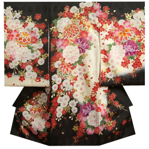 【楽天市場】お宮参り 着物 女の子 正絹 女児 初着 産着 黒地ベージュ染め分け 吉野紅桜 紫牡丹 金駒刺繍 丹後産紗綾地紋生地 日本製：お ...