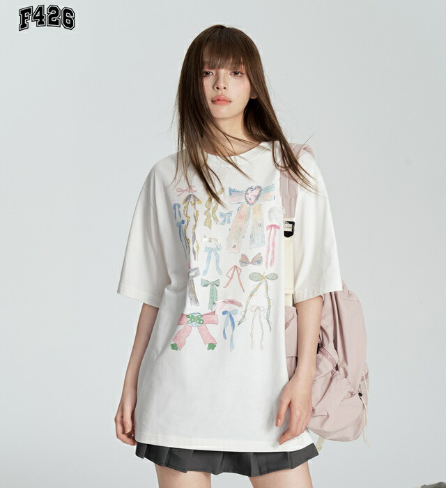 【楽天市場】【F426/エフ426】tシャツ レディース 半袖 ゆったり 黒 プリントシャツ レディース 半袖 Tシャツ レディース ラウンドネック カジュアル ガーリー ペイント リボン ...