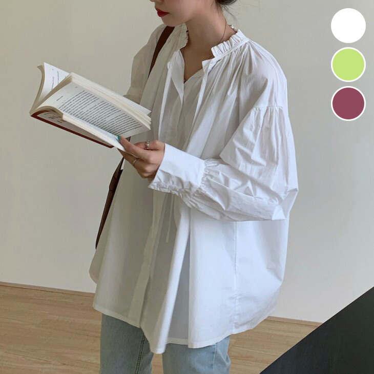【楽天市場】【半額クーポン対象】ボウタイ フリル シャツ トップス ブラウス 長袖 ゆったり 無地 シンプル カジュアル ガーリー 春 ...
