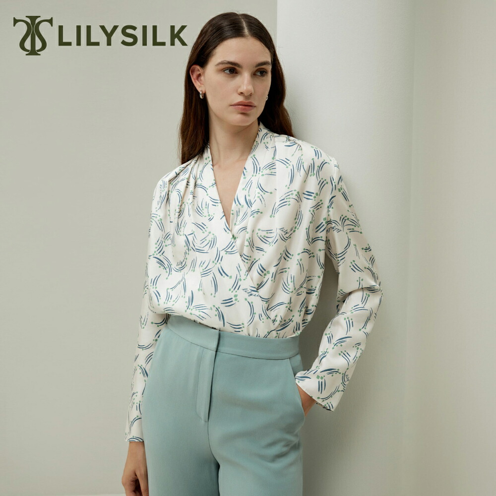 【楽天市場】LILYSILK シルク ブラウス レディース シルク100% 植物柄 おしゃれ フォーマル カジュアル オフィス 長袖 大きいサイズ Vネック プリント プリーツ 20代 30代 ...