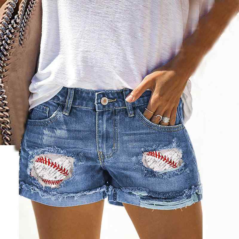 【楽天市場】ショートパンツ レディース デニムパンツ ダメージ加工 野球柄 カジュアル スポーティー Gパン ジーパン 中厚手 通勤 通学 ...