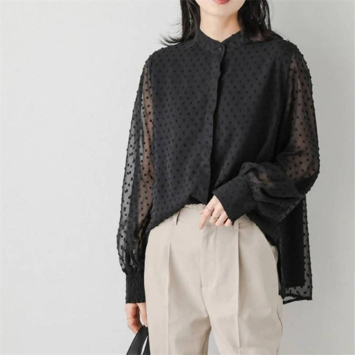 【楽天市場】シャツ ブラウス レディース 新作 ドット柄 無地 透け感 長袖 トップス フリル 前開き ボタン ゆったり デザイン感 カジュアル シンプル 通勤 OL オフィス きれいめ ...