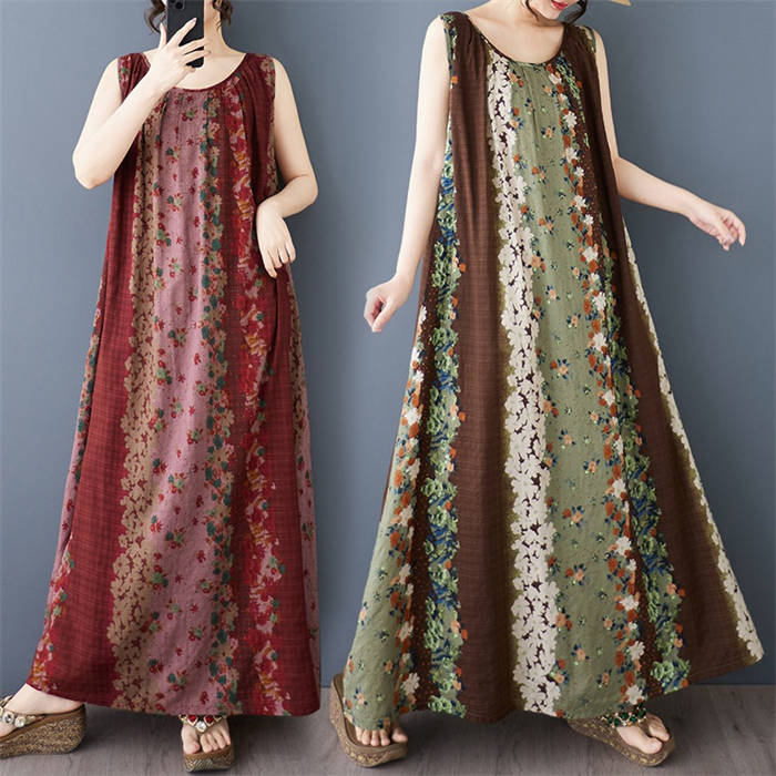 【楽天市場】ワンピース 花柄 レディース 新作 ノースリーブ 綿 プリント ラウンドネック ロング ワンピース デザイン感 ロング ワンピ プルオーバー ゆったり 春 夏 体型カバー 大人 ...