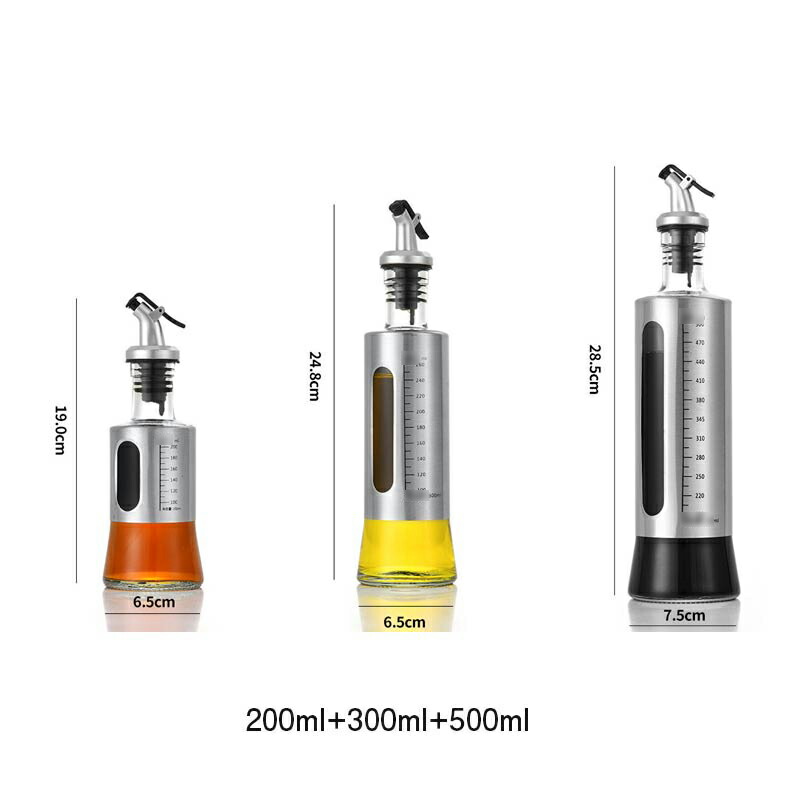 【楽天市場】3本セット オイルボトル 目盛り付 500ml 300ml 200ml 漏れ防止 液だれしない ガラス ステンレス オイラー ...
