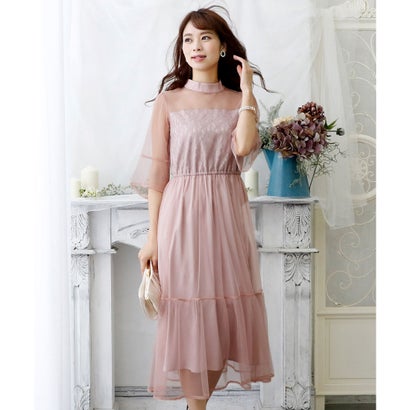 【楽天市場】プールヴー PourVous ミモレ丈&七分袖フォーマルハイネックチュール大きいサイズ結婚式ワンピースドレス パーティードレス ...