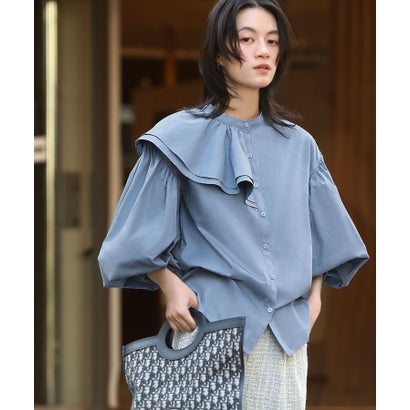 【楽天市場】エルフランク ELFRANK 【綿100％使用】アシンメトリーフリルハイネックボリューム袖ブラウス （ブルー）：LOCOMALL ...