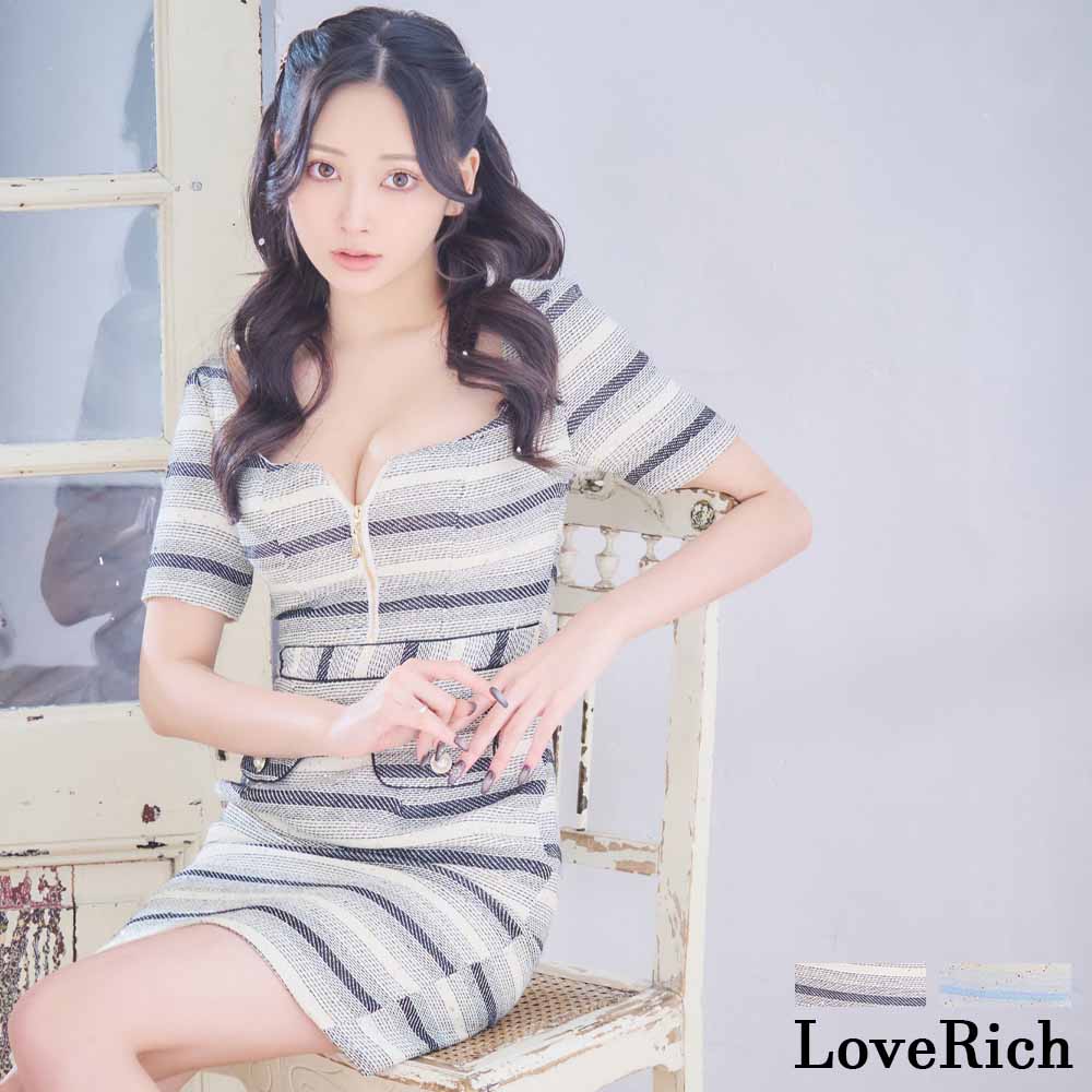 【楽天市場】1356【SMLサイズ/2カラー】ボーダー ツイード 半袖 スクエアネック ファスナー パールボタン タイト ミニドレス キャバドレス：LoveRich