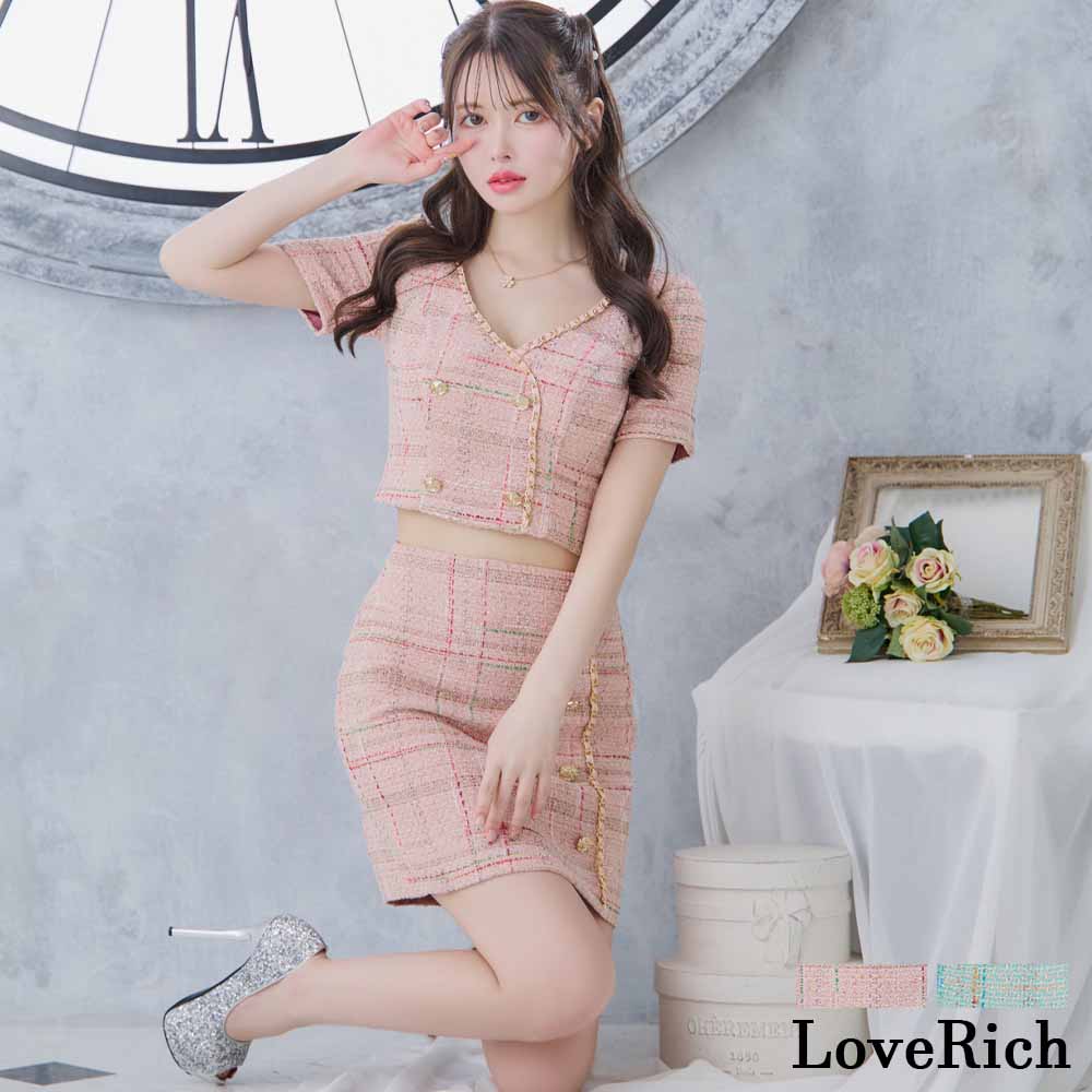 【楽天市場】1316【SMLサイズ/2カラー】ツイード セットアップ チェーン チェック柄 袖あり 背中隠し 谷間魅せ タイト ミニドレス キャバドレス：LoveRich