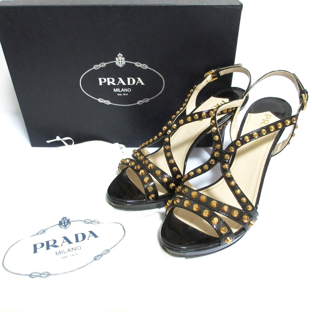 【楽天市場】【中古】美品 PRADA プラダ スタッズ エナメル バックストラップ ピンヒール サンダル 37 23.5cm相当 ブラック ゴールド金具 レディース Luxs ブランド古着の ...