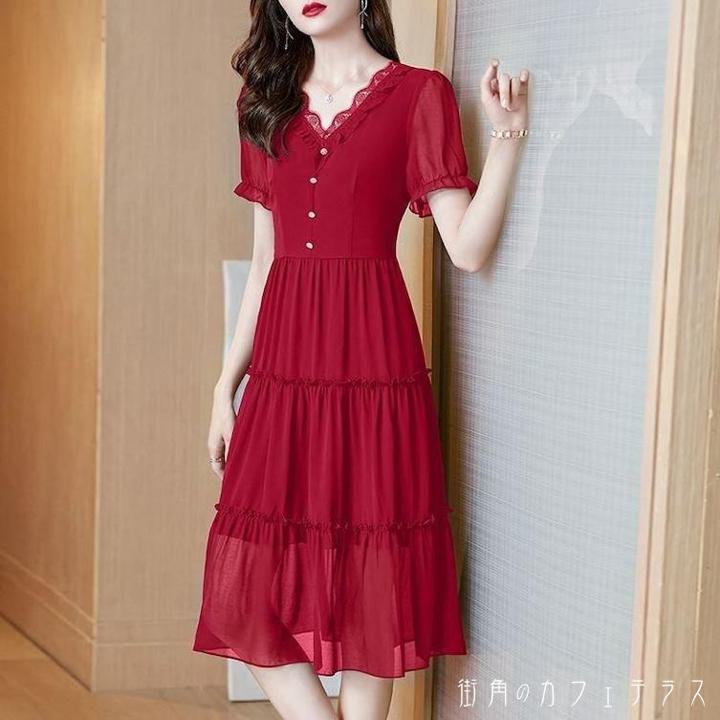 【楽天市場】レディース ドレス パーティードレス ワンピース ミドル丈 Vネック Aライン ティアード 透け感 シアー シンプル 上品 ...