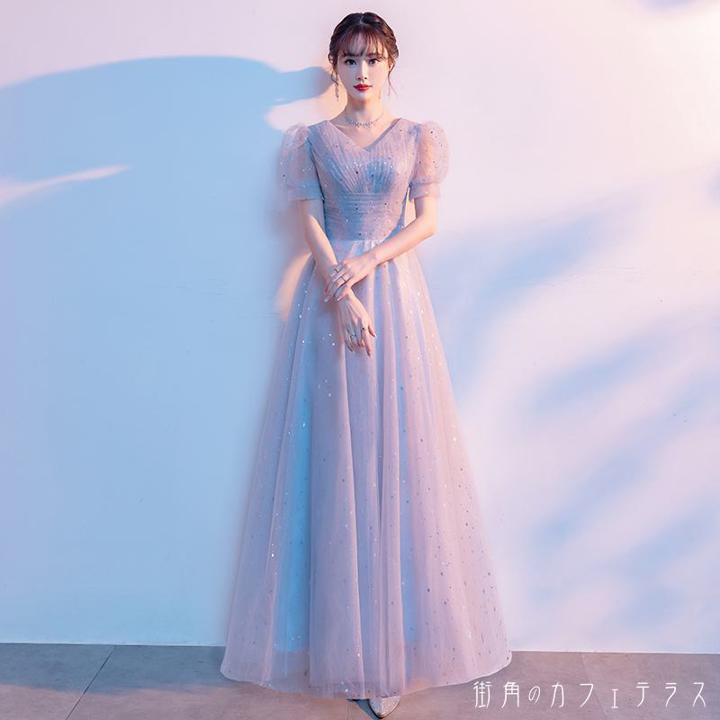 【楽天市場】レディース ドレス パーティードレス ワンピース ロング丈 マキシ丈 Vネック Aライン ふんわり袖 パフスリーブ スパンコール ...