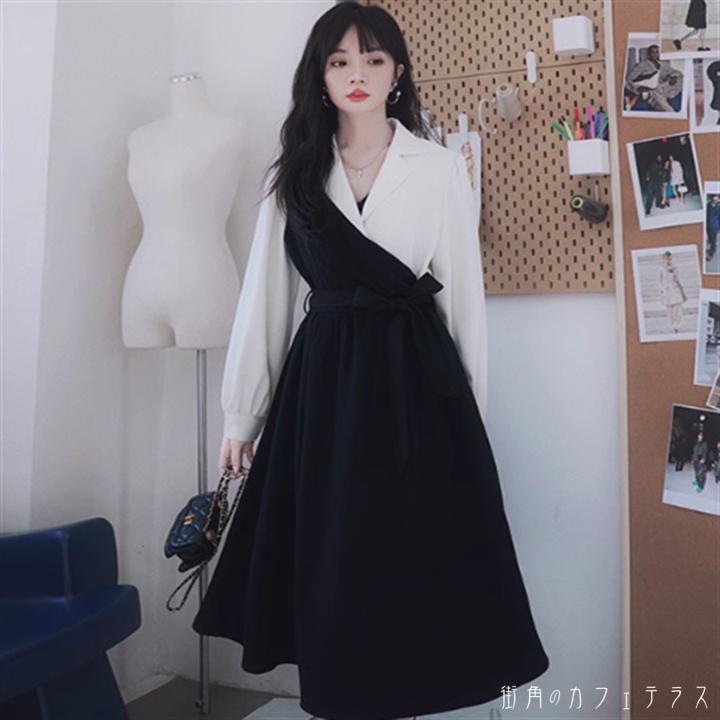 【楽天市場】ドレス ロングドレス ワンピース 衣装 パーティドレス ロング ミモレ 袖あり 長袖 Vネック Aライン フレア バイカラー 薄手 ...