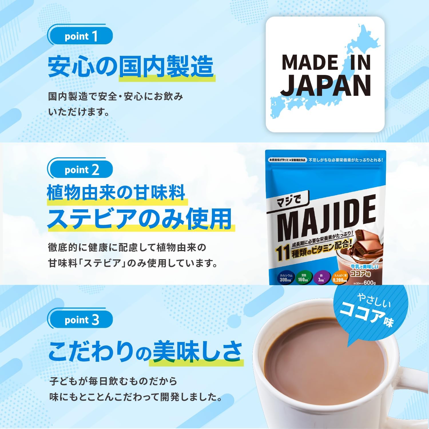 MAJIDE マジで ジュニアプロテイン 完全栄養食 ココア 人工甘味料不使用 600g 栄養機能食品 ココア味 11種のビタミン配合 栄養士監修 本田圭佑が "マジで" 作った 子ども 朝食 ...