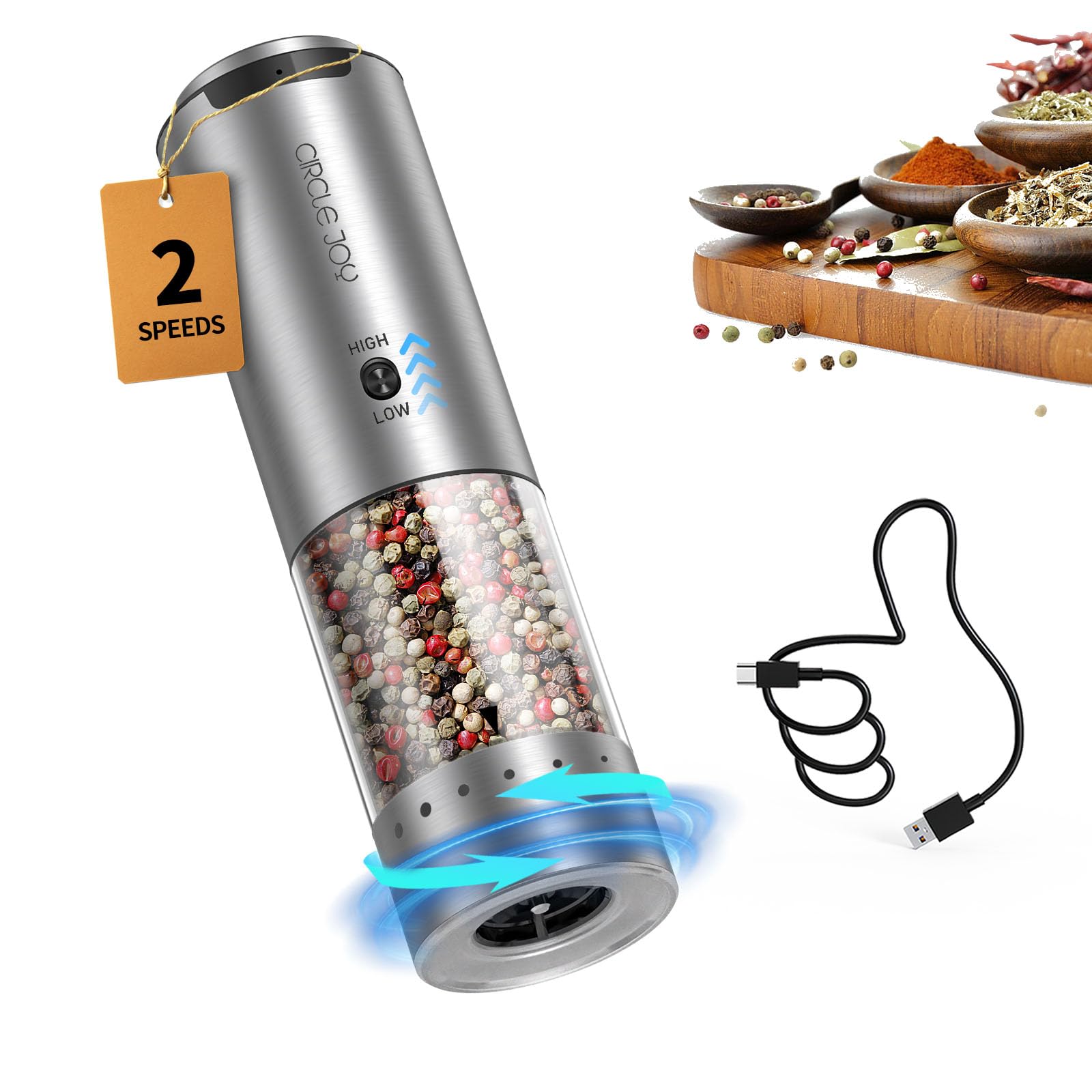 【楽天市場】CIRCLE JOY 充電式ペッパーミル 電動 ステンレス製ペッパーミル 研削速度可変 厚さを外部で調整する 洗える95ml容器 白色LEDライト ミニサイズ シルバー ...