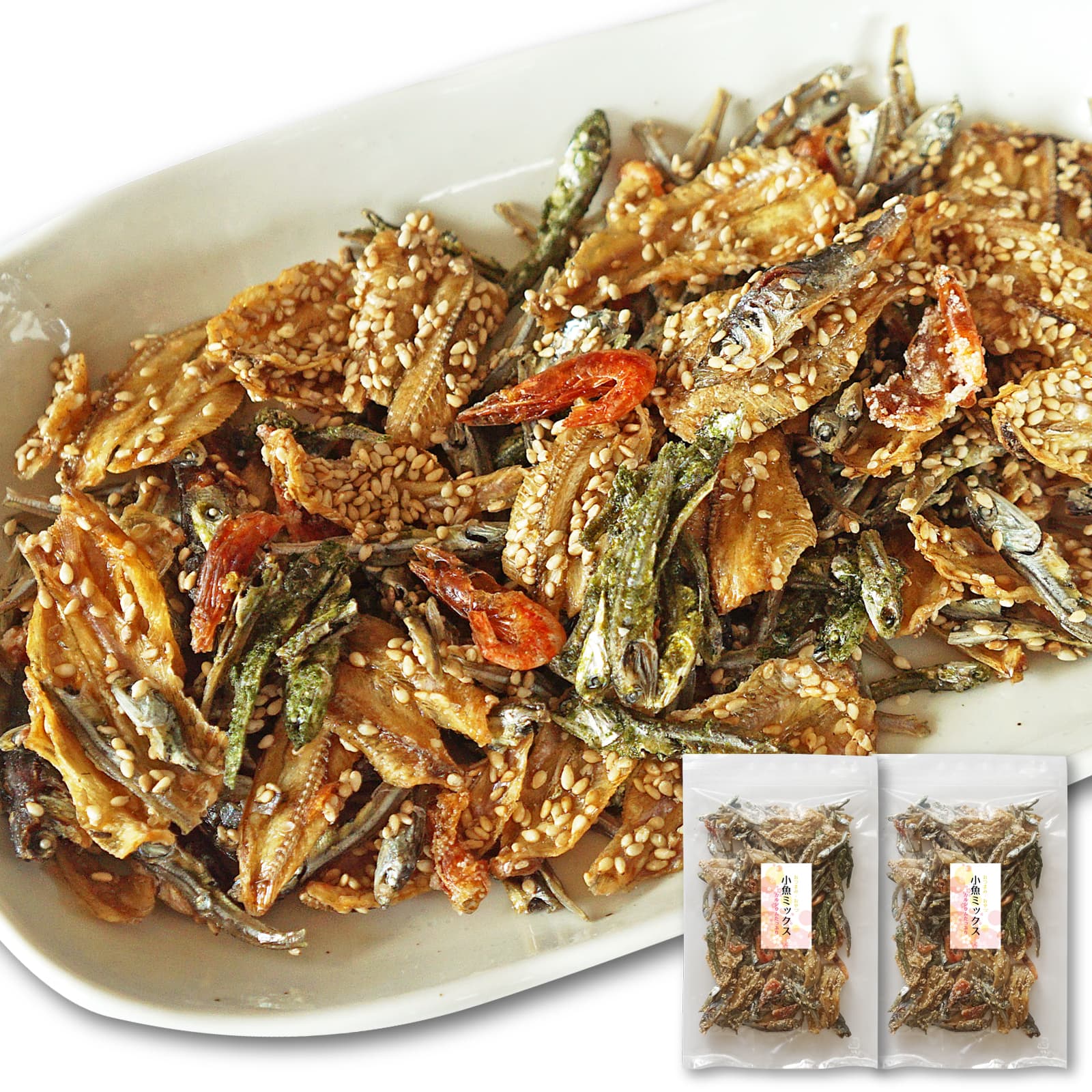 【楽天市場】小魚ミックス おやつ 124g×2袋 おつまみ 食べる小魚 カルシウム サクサク カリカリ 食べやすい 骨せんべい 五色煮 アソート：函館マルユウ漁業部 楽天市場店