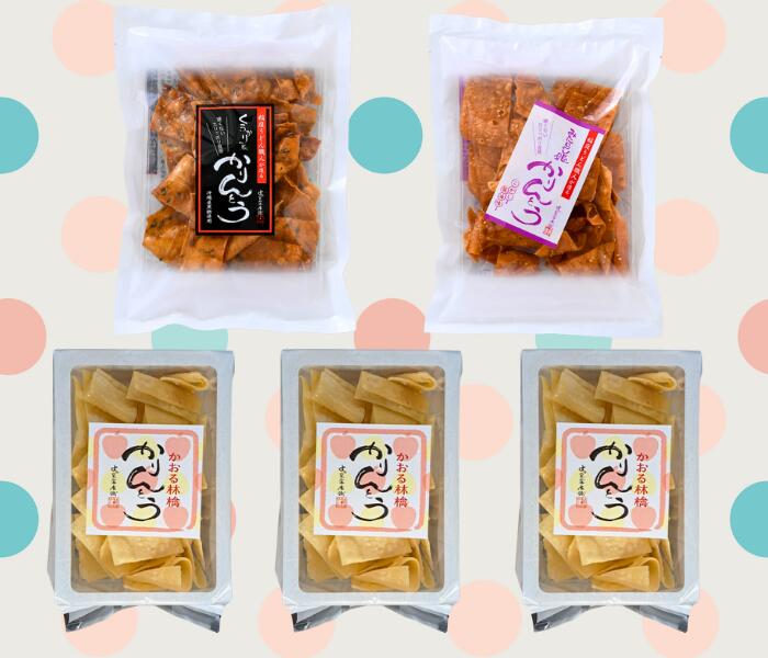 【楽天市場】稲庭うどん 職人がつくるかりんとう かおる林檎3袋 と みたらし姫 くろかり殿 の 合計5袋セット：増田物産プランニング