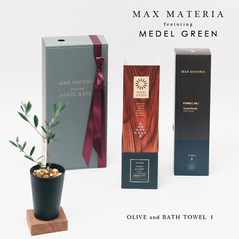 【楽天市場】【 最新作 】MAX MATERIA feat MEDEL GREEN バスタオル1枚＆オリーブ1本 BRANDセッション ギフトSETBOX入り オリーブ：底から葉先まで約25 ...