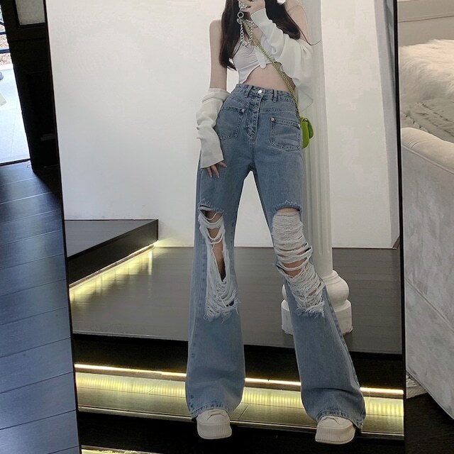 【楽天市場】ダメージデニム ダメージジーンズ デニム ジーンズ ボトムス ストレートジーンズ 美脚 ルーズ ワイドレッグパンツ ストリート ...