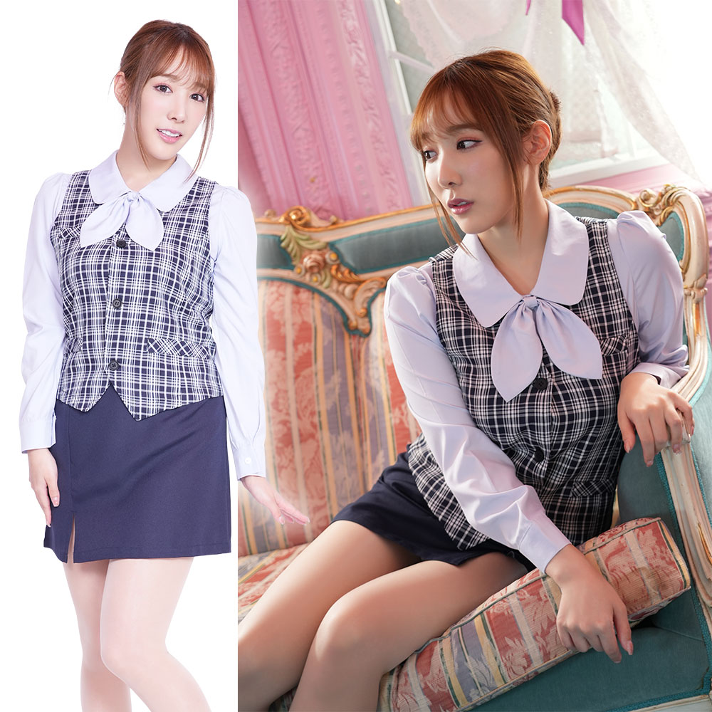 【楽天市場】丸の内チェックOL OL風 制服コスプレ ベスト付きスーツ セクシー事務服風コスチューム 長袖シャツ×ネイビースカート：Mcos