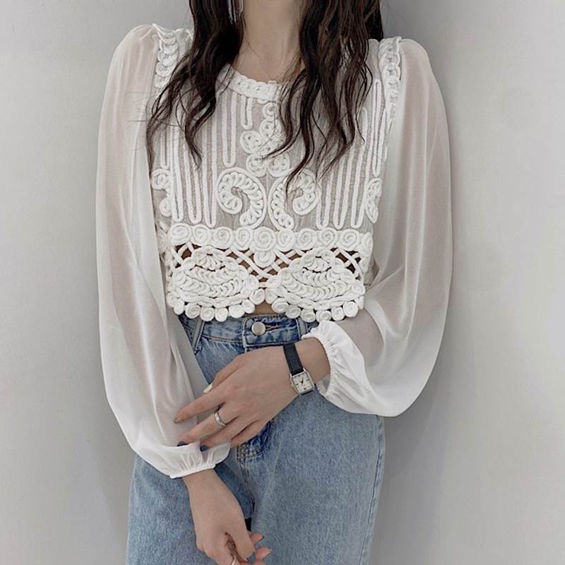 【楽天市場】【P2倍&クーポン有】異素材MIX 透け感 切り替えデザイン トップス レディース ブラウス プルオーバー 白シャツ 白トップス 個性的 春 夏 ショート 長袖 ラウンドネック ...