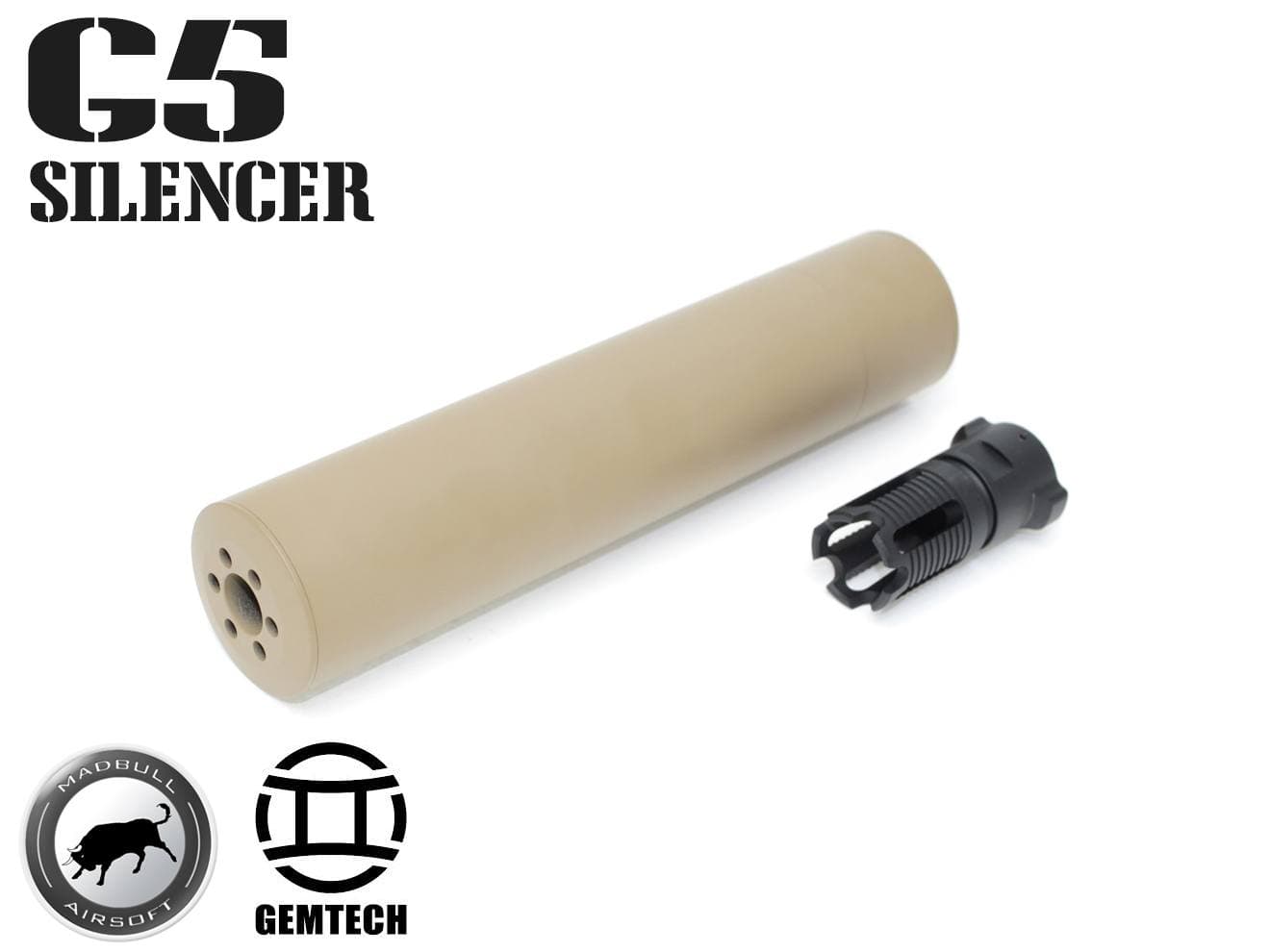【楽天市場】【送料無料】MADBULL GEMTECH G5 サイレンサー TAN 14mm逆ネジ アルミサイレンサー/消音器/正規品 ...