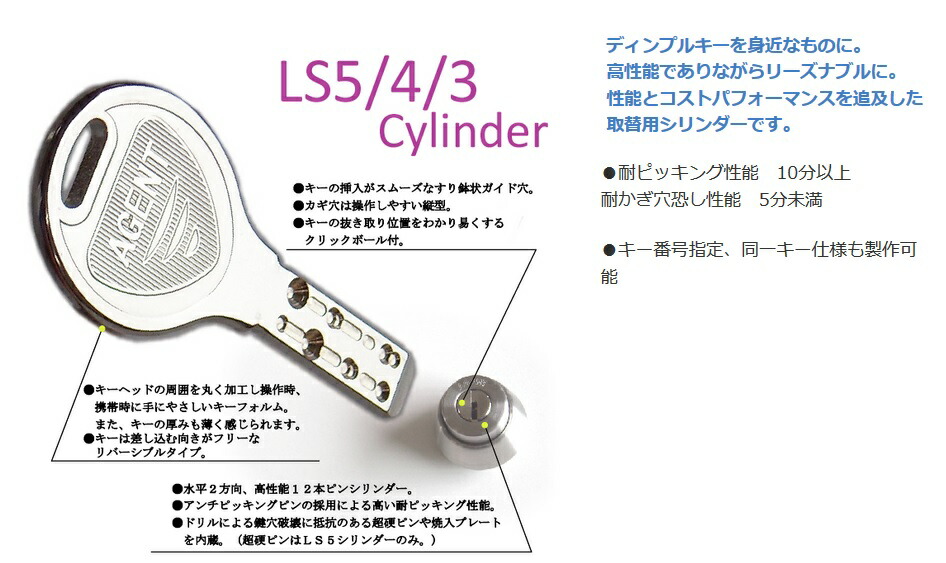 【楽天市場】AGENT エージェント LS5-LSP/TE0 兼用タイプ 取替用シリンダー 2個同一鍵 ディンプルキー シルバー 防犯 鍵 交換 MIWA TE0（LIX） LSP SWLSP ...