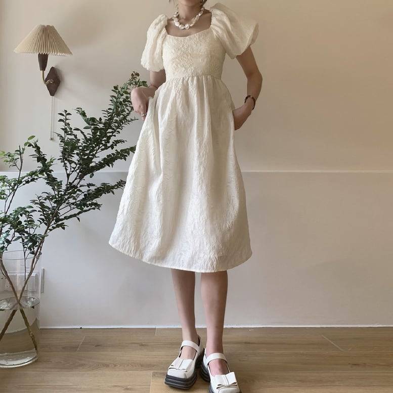 【楽天市場】3color レディース ワンピース バックシャンパフワンピース ミディアムワンピース パフスリーブ 半袖 スクエアネック 背中開き：MINETTE レディースアパレル