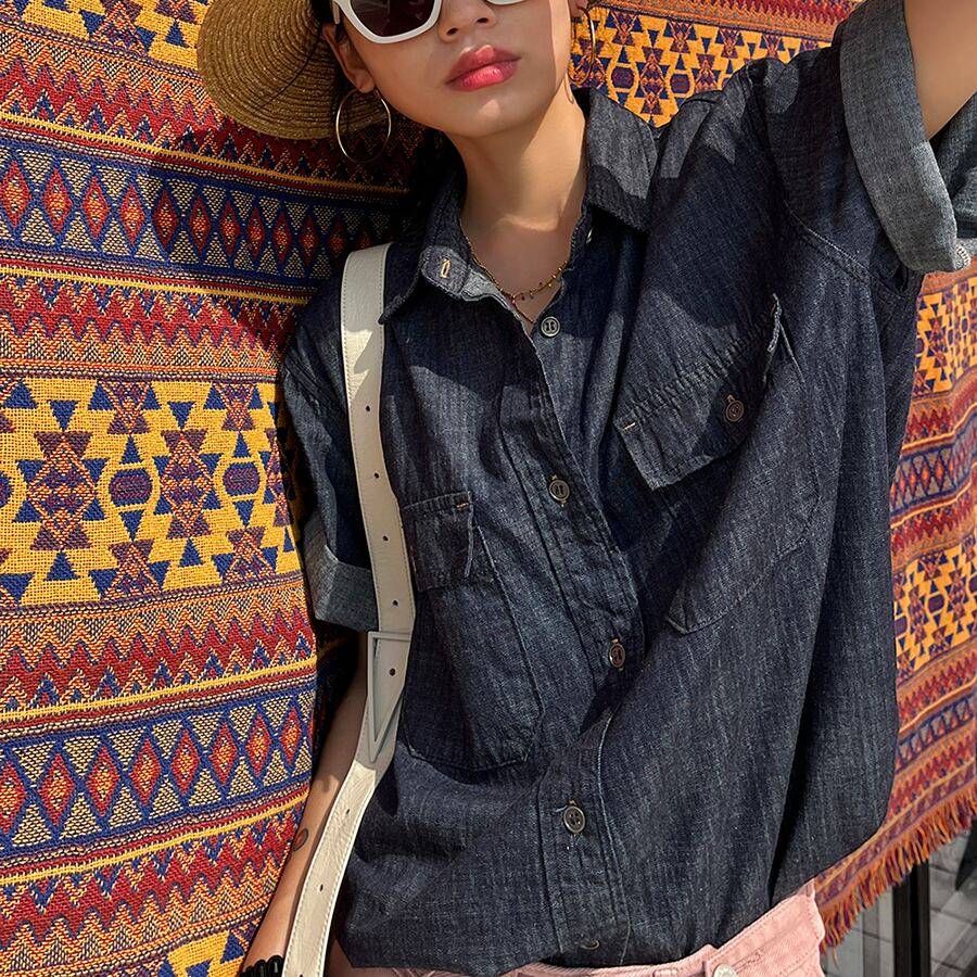 【楽天市場】レディース トップス シャツ デニムシャツ 半袖デニム ポロ襟 タック 胸ポケット コットン 無地 袖あり 半袖 袖口ロールアップ ...